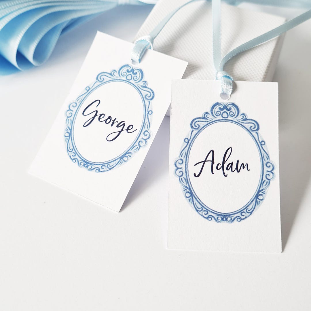 Personalised Name Tags Blue and White Design, Custom Name Party Favour ...