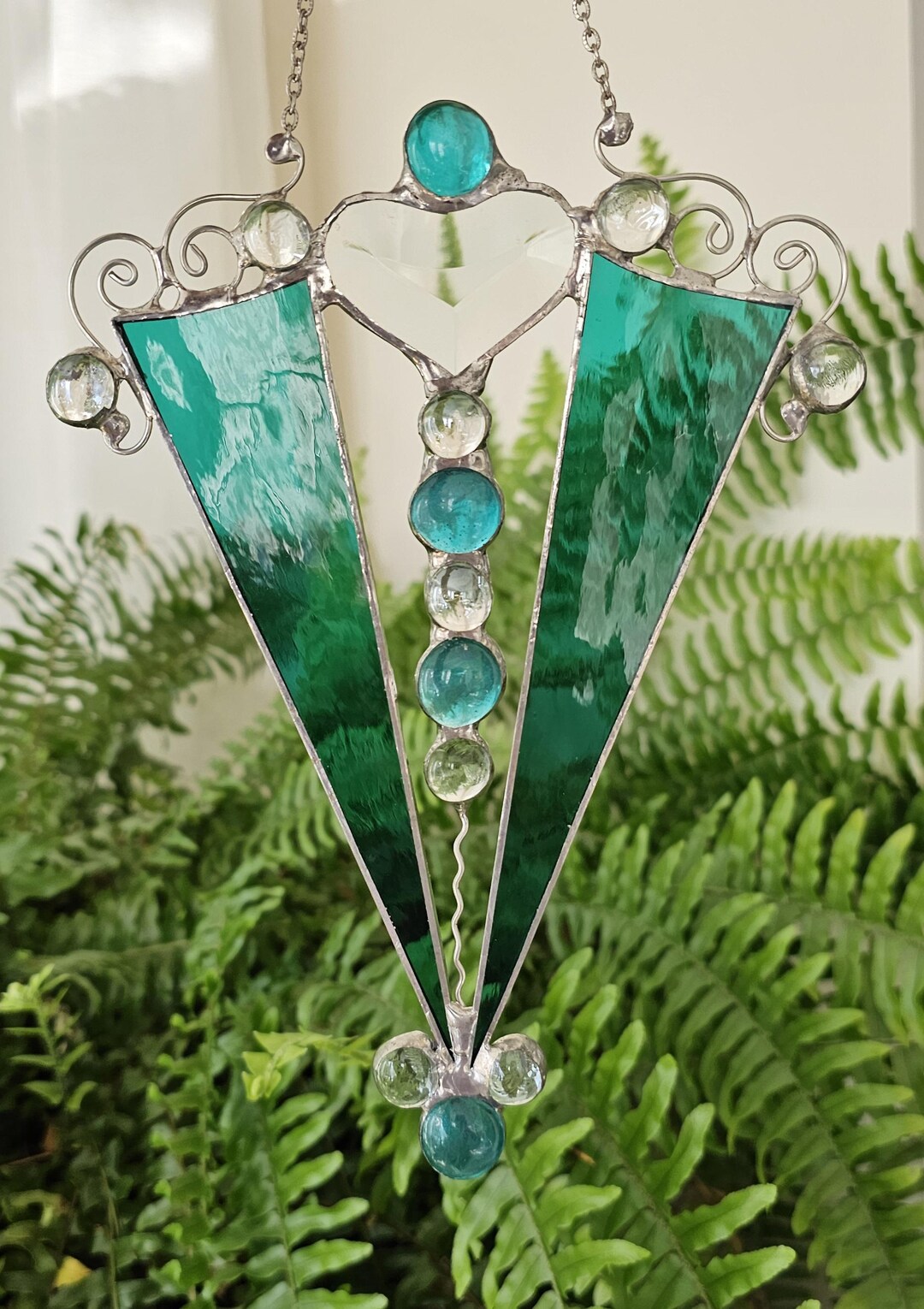 Art Deco Emerald Green Stained Glass Suncatcher - Etsy