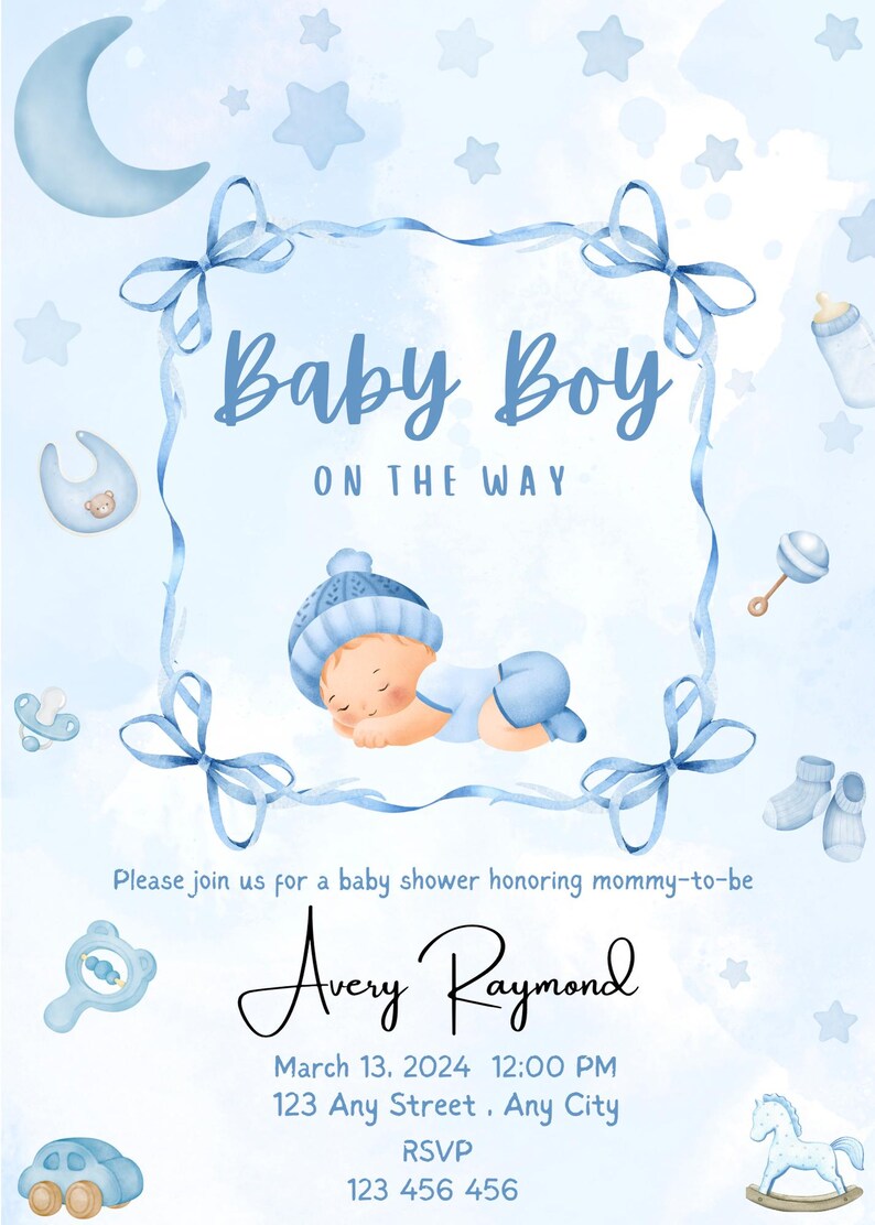 Baby Boy on the Way Blue Baby Shower Card Invitation Printable and ...