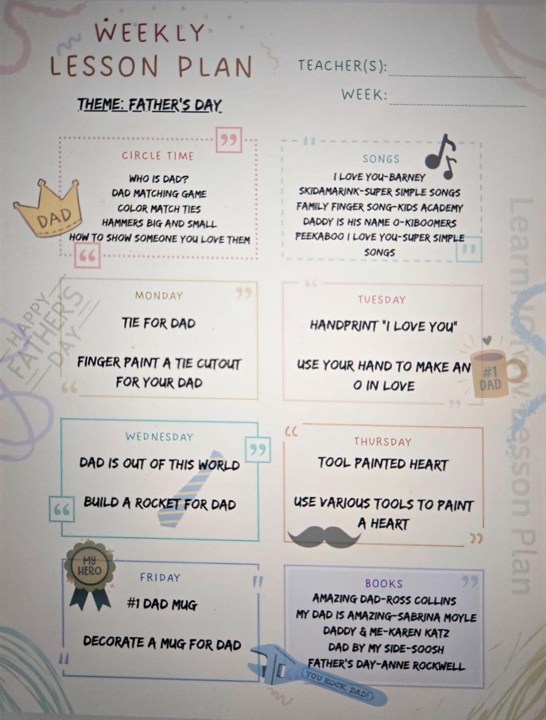 Pre-k Father's Day Lesson Plan - Etsy