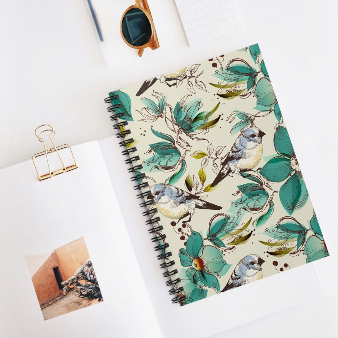Floral Spiral Notebook, Bird & Flowers Pattern - Ruled Line, Blank ...