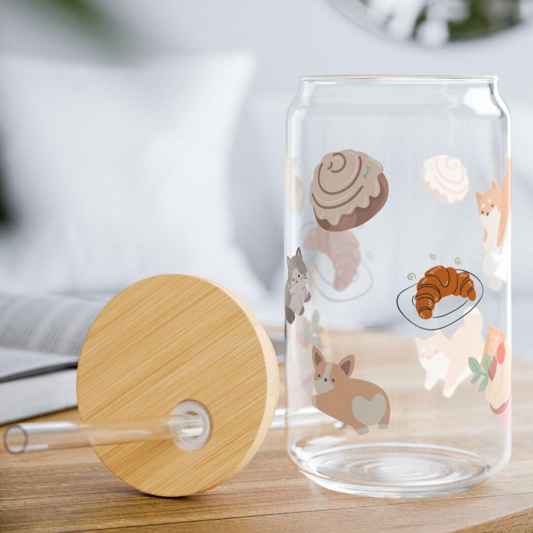 Cute Animal and Pastries Sipper Glass, 16oz - Adorable Drinkware for ...