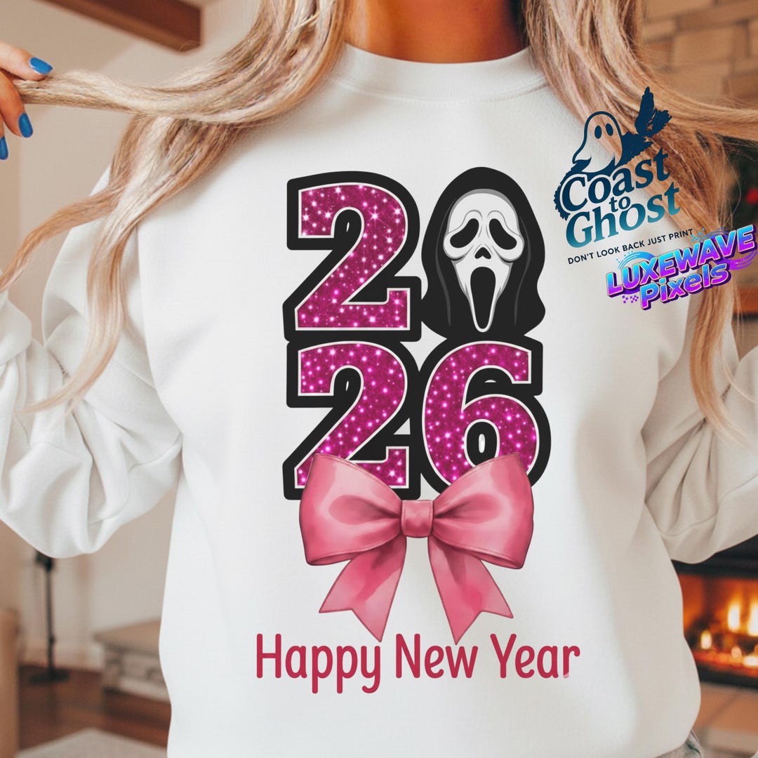 2026 Happy New Year, New Year Horror PNG, Ghostface Bow Sparkle Font ...