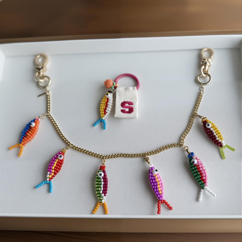 Custom Beaded Fish Keychain With Personalized Embroidery Initials, Fish Bag Charm, Beaded Fish ...