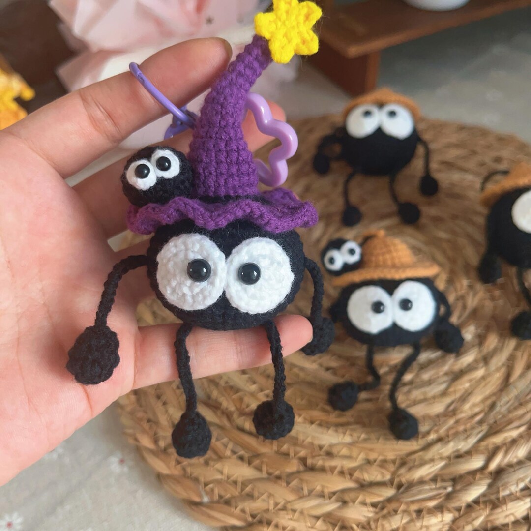 Handmade Crochet Soot Sprite Keychain - Halloween Ghost With Witch Hat ...