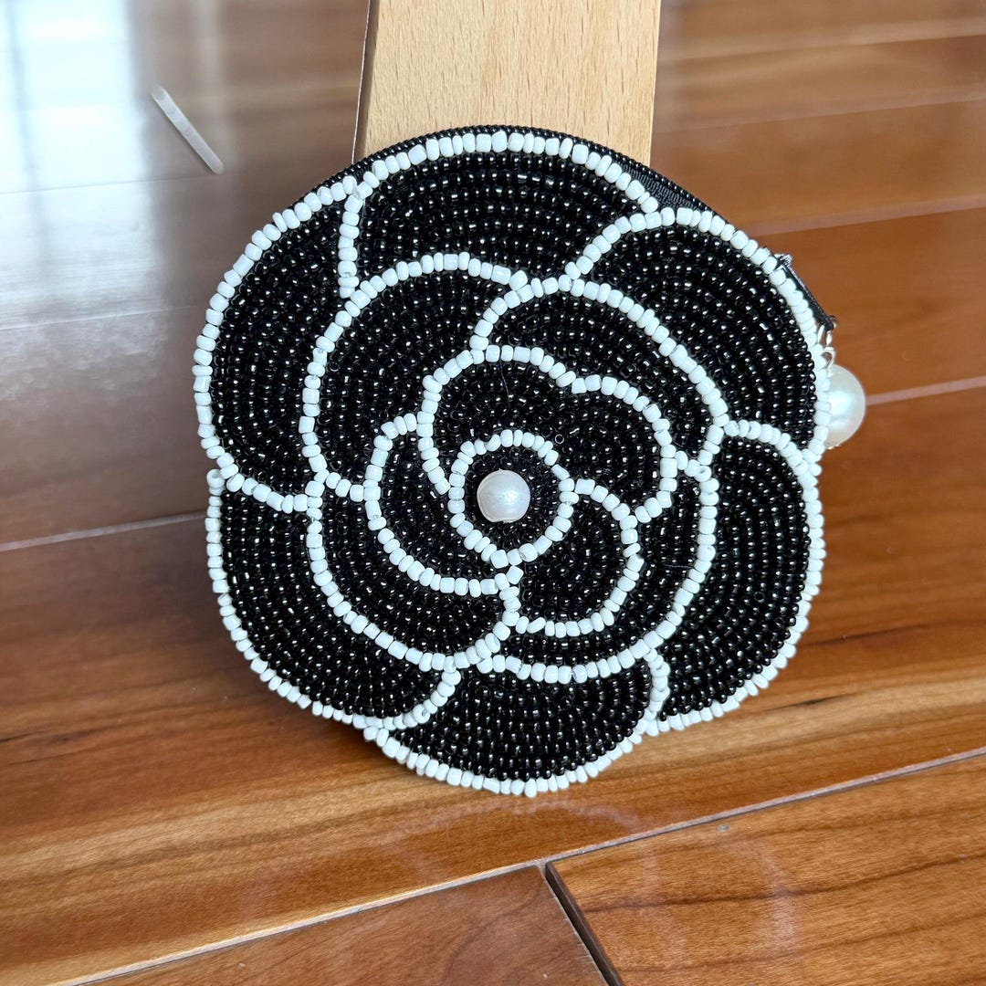 Handmade Beaded Wallet: Camellia Charm Coin Purse - Crystal Seed Beads ...