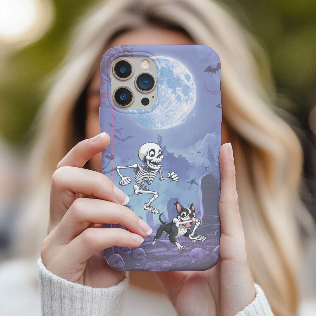 Skeleton Chasing Boston Terrier iPhone Case , Halloween Graveyard ...
