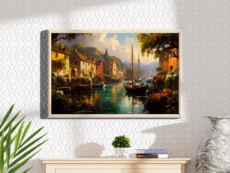 Vintage Boat Oil Painting, Italian Coastal Village Art (digital ...
