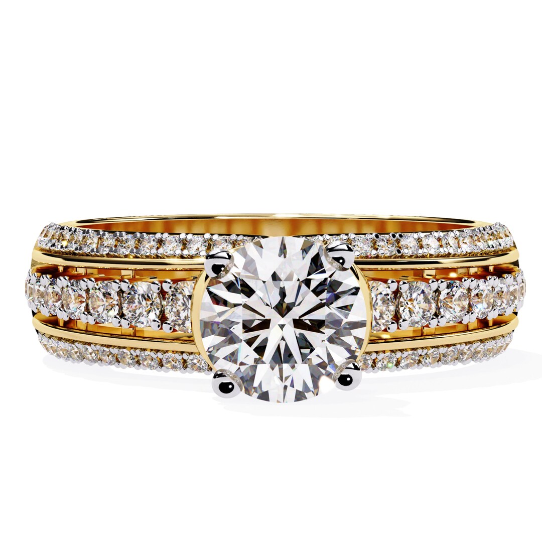 Triad Radiance – Diamond Triple Row Ring With Solitaire Center in 14K ...