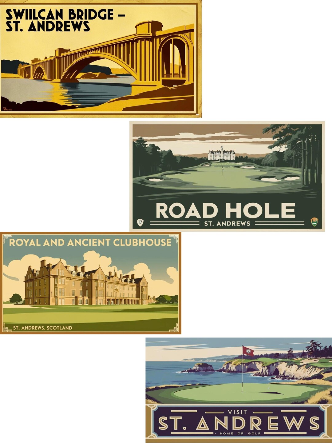 St. Andrews Vintage Golf Poster Set – Swilcan Bridge, Road Hole & Royal ...