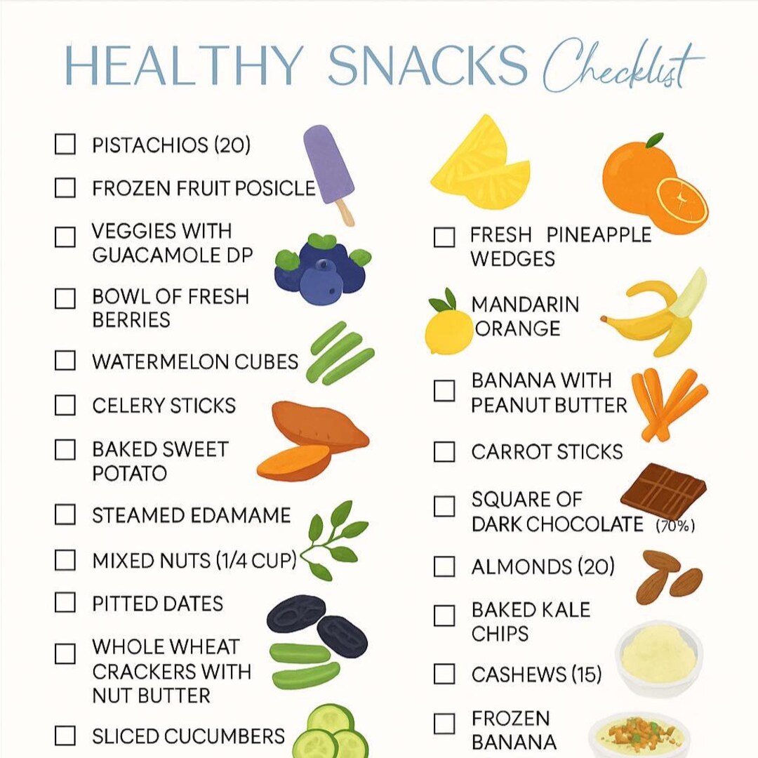 Healthy Snacks List Printable - Etsy