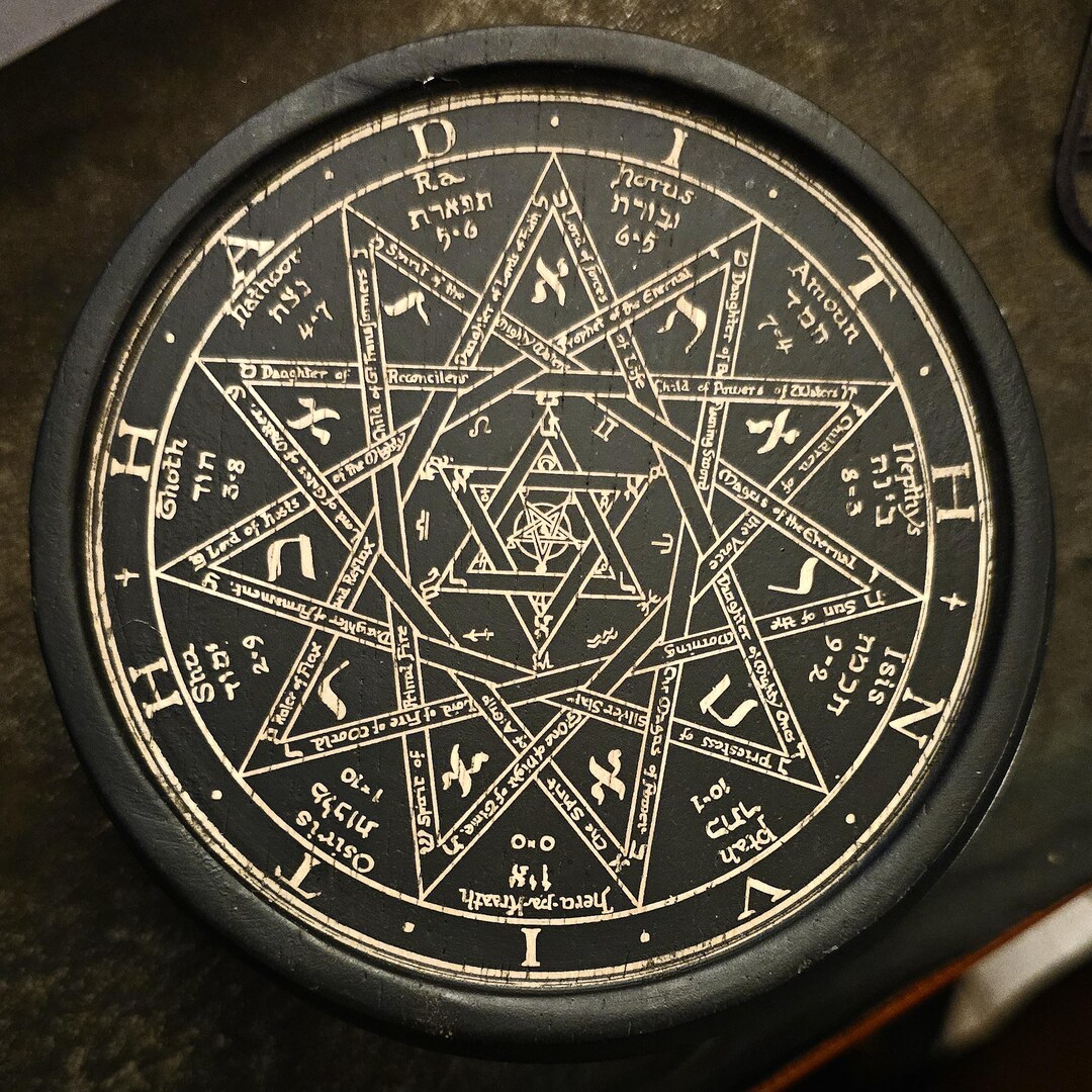 Frater Achad Pentacle | Engraved Acacia Altar Tile | 4" Diameter Occult ...