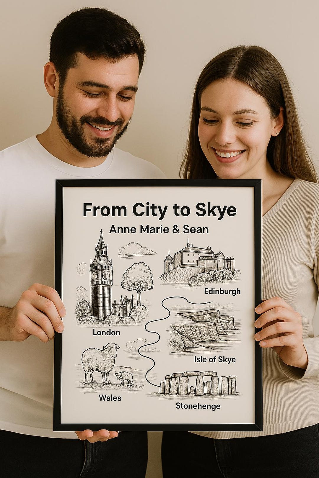 Custom Illustrated Map Black Frame, Travel Map, Story Map, Love Map ...