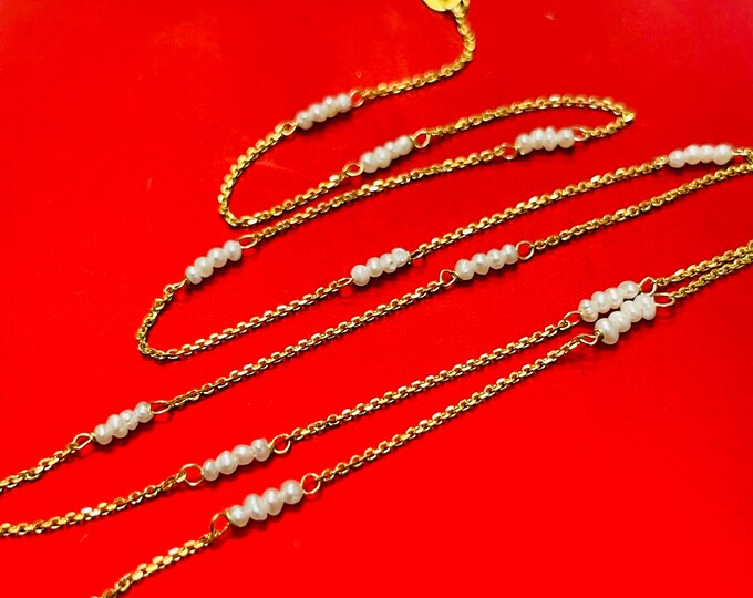 16” Tiny 1mm Rice Natural Seed Pearl Station Necklace 14K Solid Yellow ...
