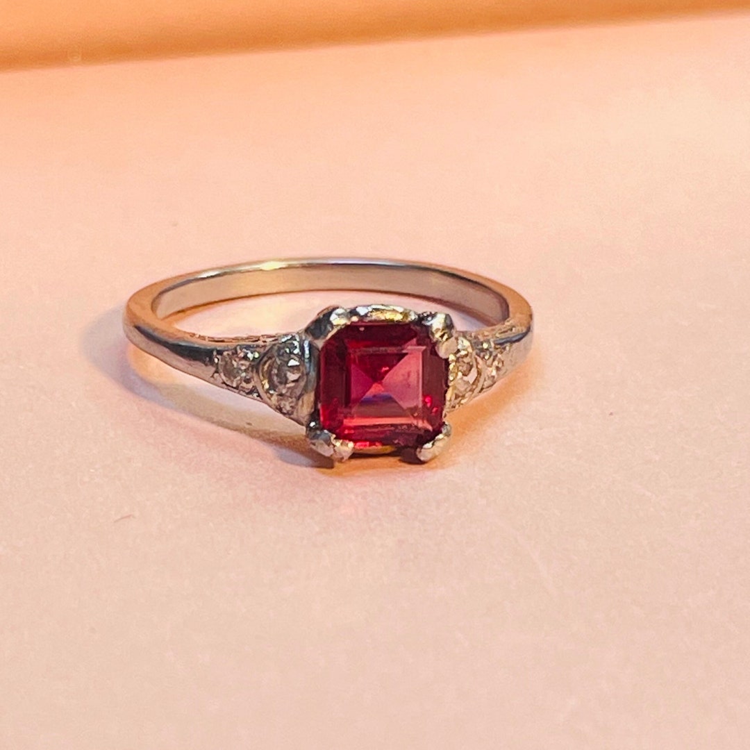 Art Deco Platinum Diamond and Red Asscher Cut Spinel Size 6.75 - Etsy