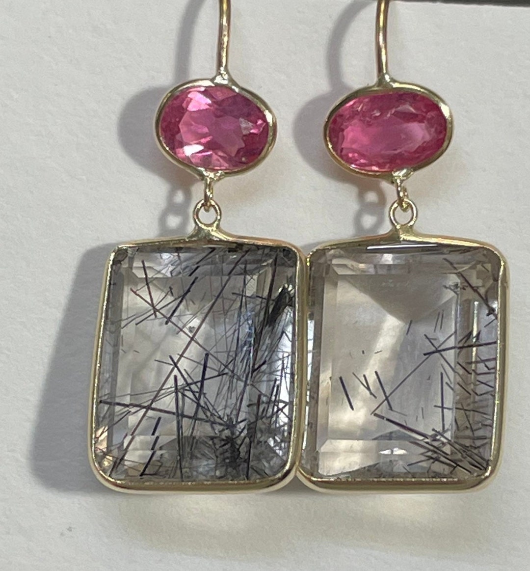 Hot Pink Tourmaline and Rutilated Quartz 14K Yellow Gold Drop Earrings ...