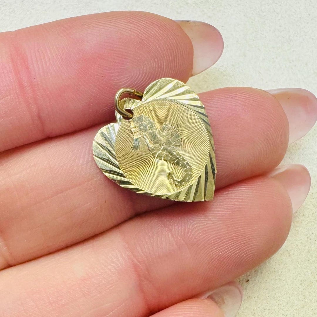Engine Turned Solid 10K Yellow Gold Seahorse Engraved Heart Charm ...