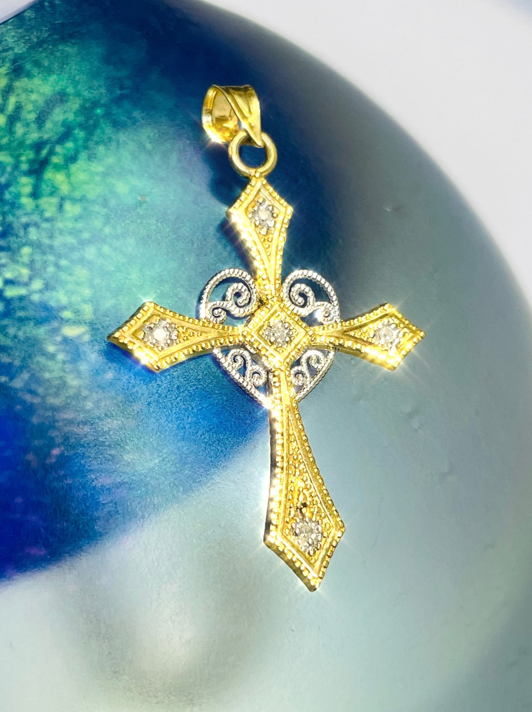 Gorgeous Natural Diamond 14K Yellow and White Gold Filigree Cross ...