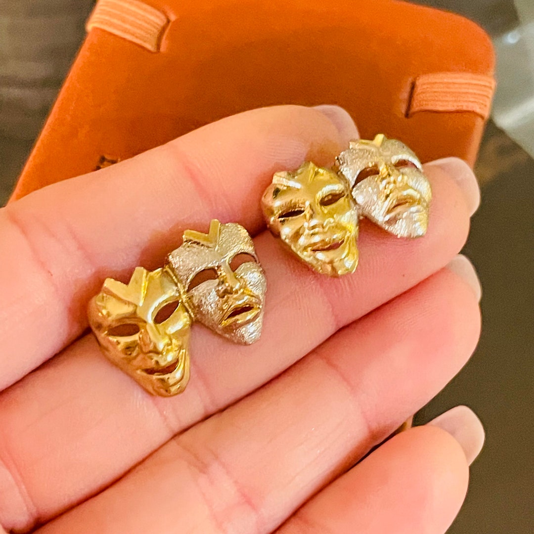 Unique ! Solid 10K Yellow and White Two Tone Gold Harlequin Happy Sad ...