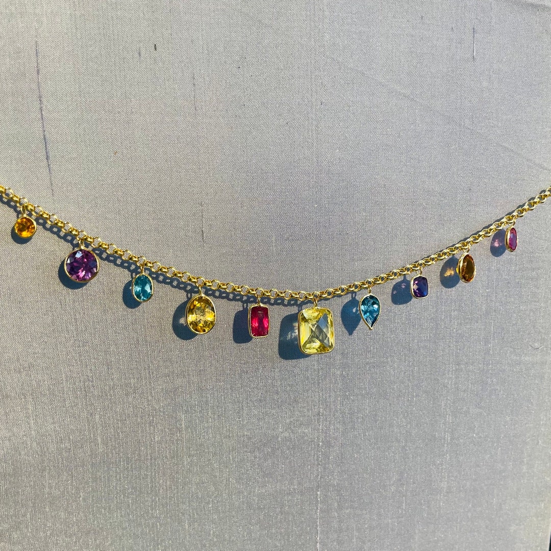 Bright and Colorful Solid 14K Yellow Gold Gem Charm Necklace With Pink ...