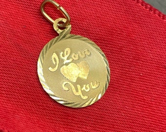 Engine Turned Solid 10K Yellow Gold I Love You Te Amo Round Medallion ...