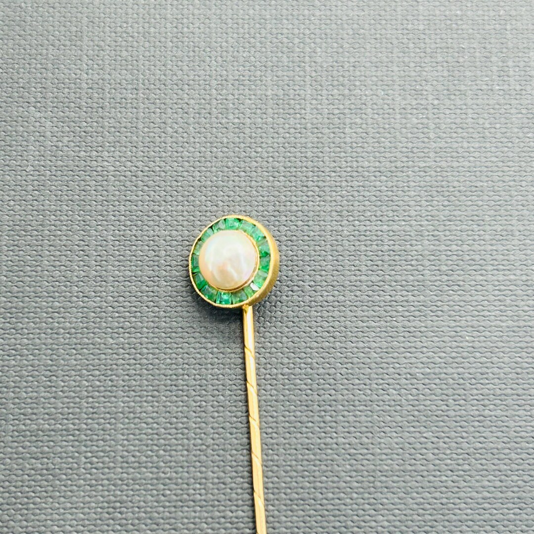 Solid 18K Yellow Gold Antique Vintage Gold Emerald & Pearl Stick Pin - Etsy