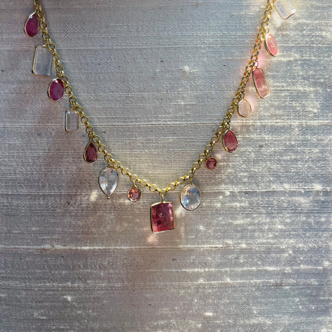 Natural Pink Tourmaline and Kunzite Multi Shape Dangling Necklace 14K ...