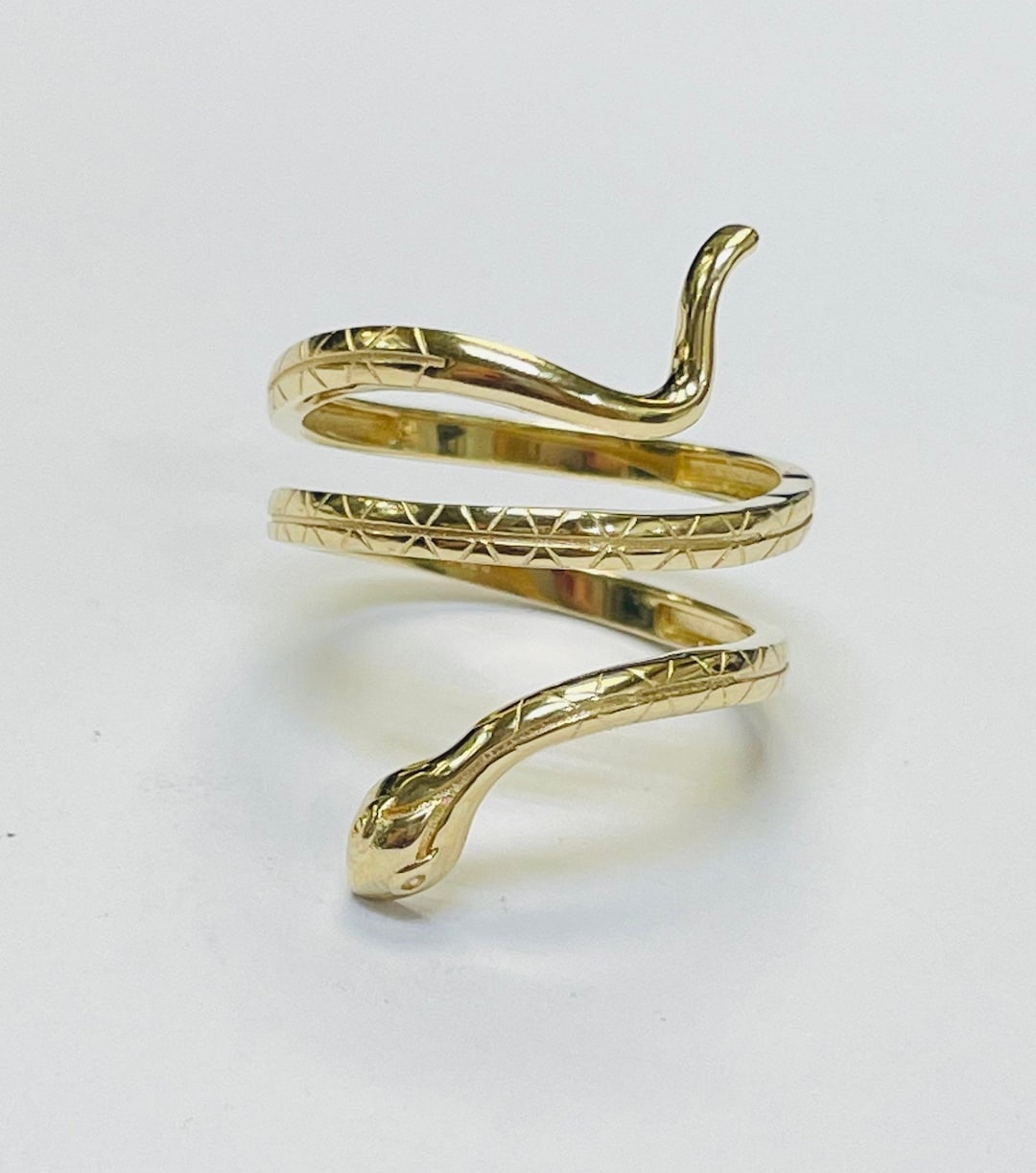 Solid 14K Yellow Gold Textured Double Wrap Snake Ring Size Adjsutable ...