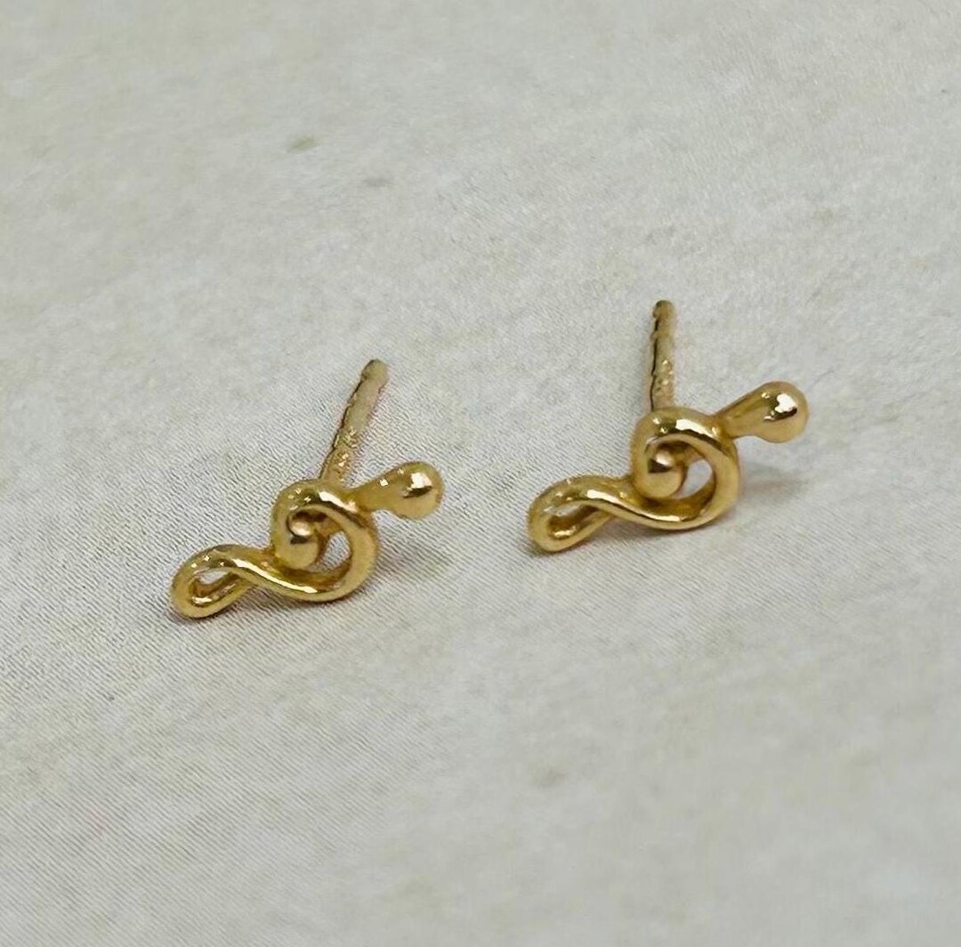Cute Music Note Treble Clef Solid 14K Yellow Gold Stud Earrings - Etsy