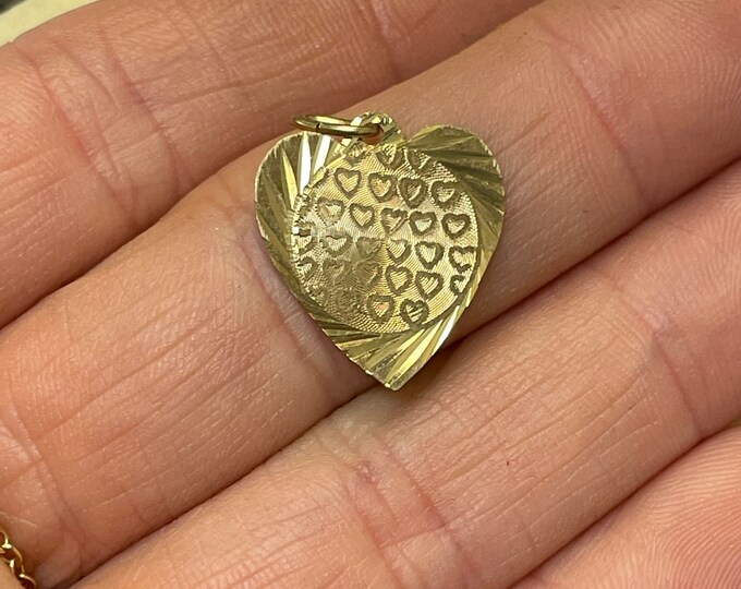 Engine Turned Solid 10K Yellow Gold Sweet Multi Heart Charm Pendant .75 ...