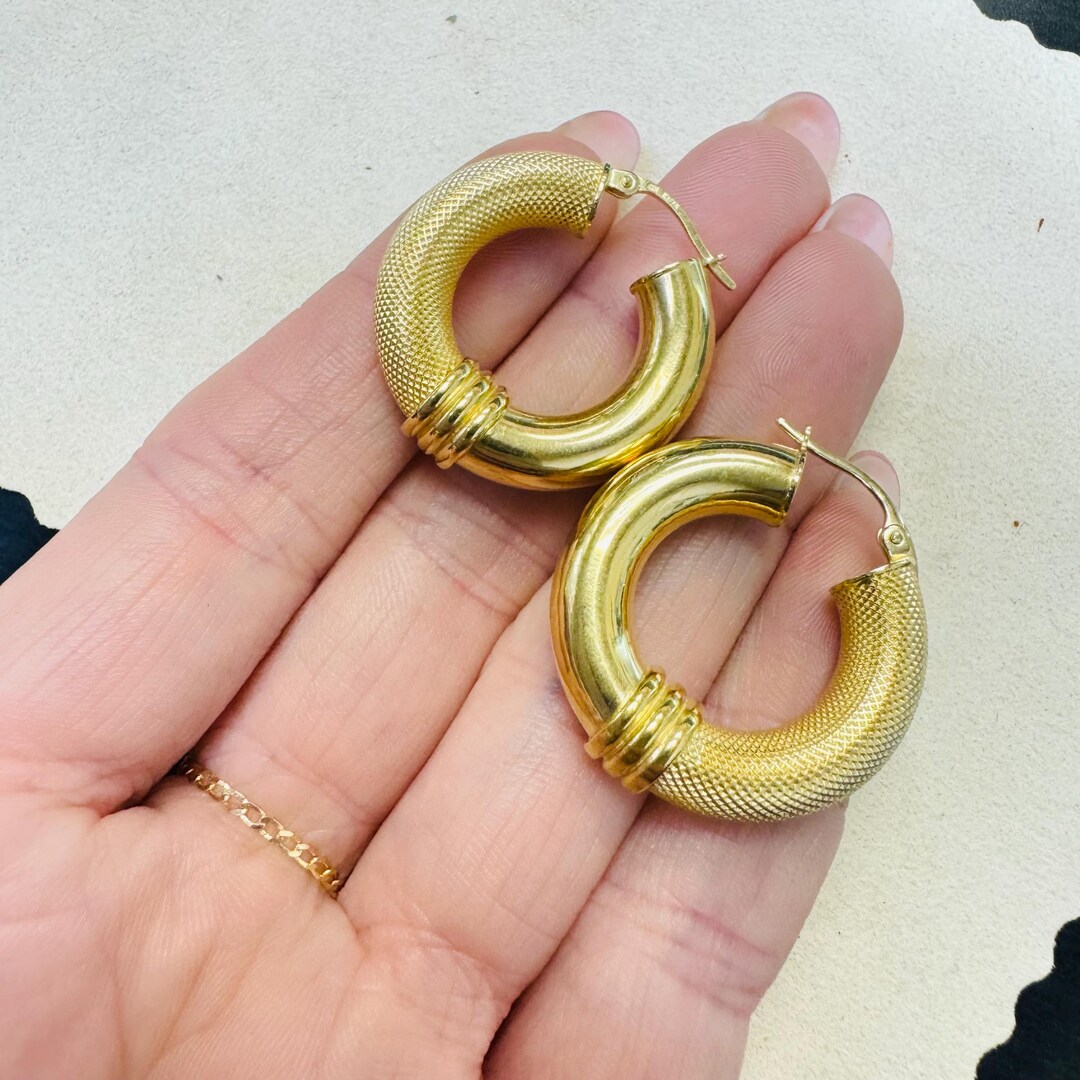 Fabulous! 14K Gold Hoop Chubby Gold Two Sided Hoop Earrings 1" - Etsy