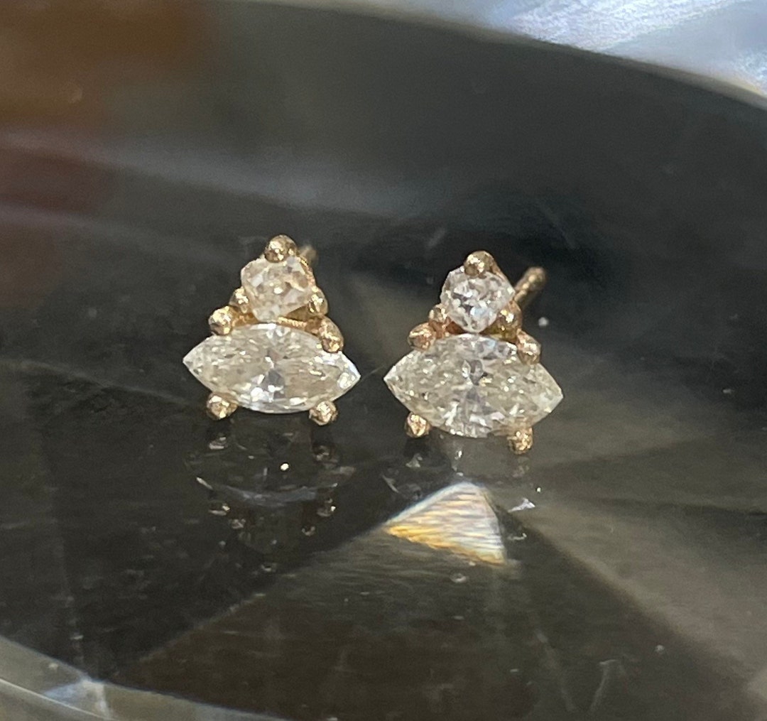 Natural .48CTW Marquis and Peruzzi Cut Diamond Stud Earrings Solid 14K ...