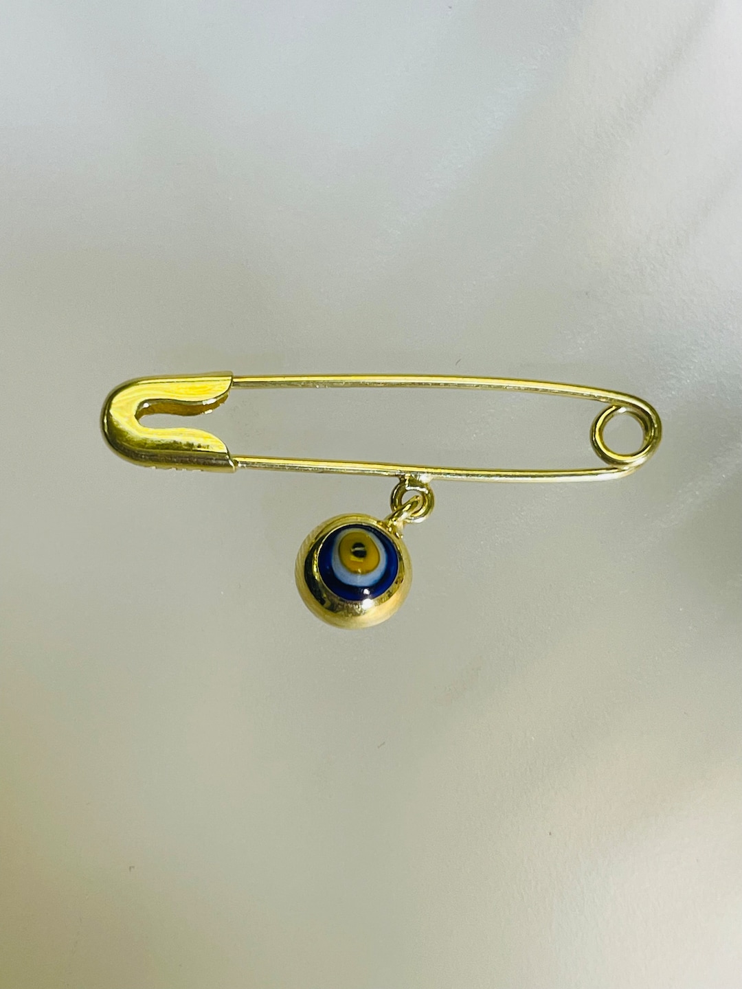 Solid 14K Yellow Gold 1.25 Safety Pin With Evil Eye Charm - Etsy