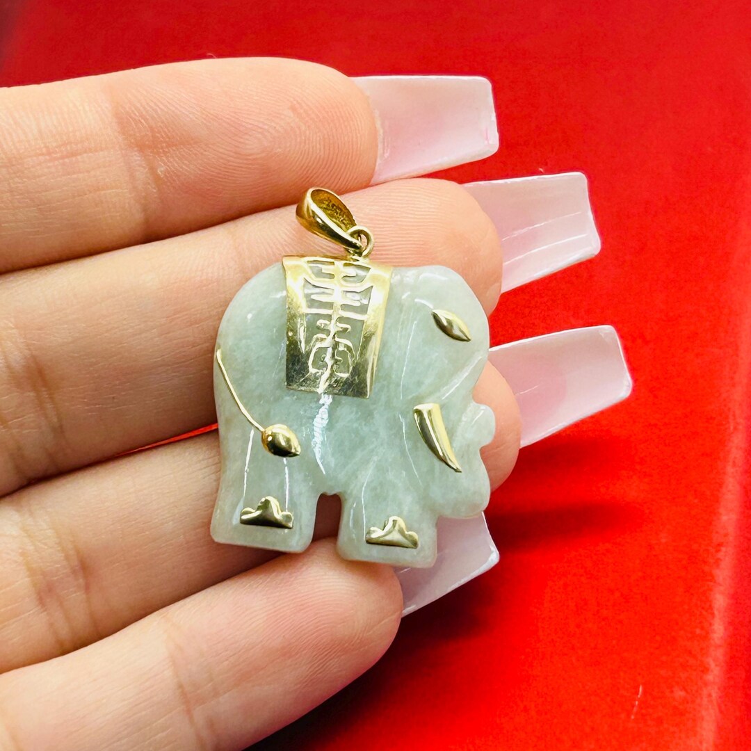 14K Yellow Gold Elephant Jade Charm Pendent - Etsy