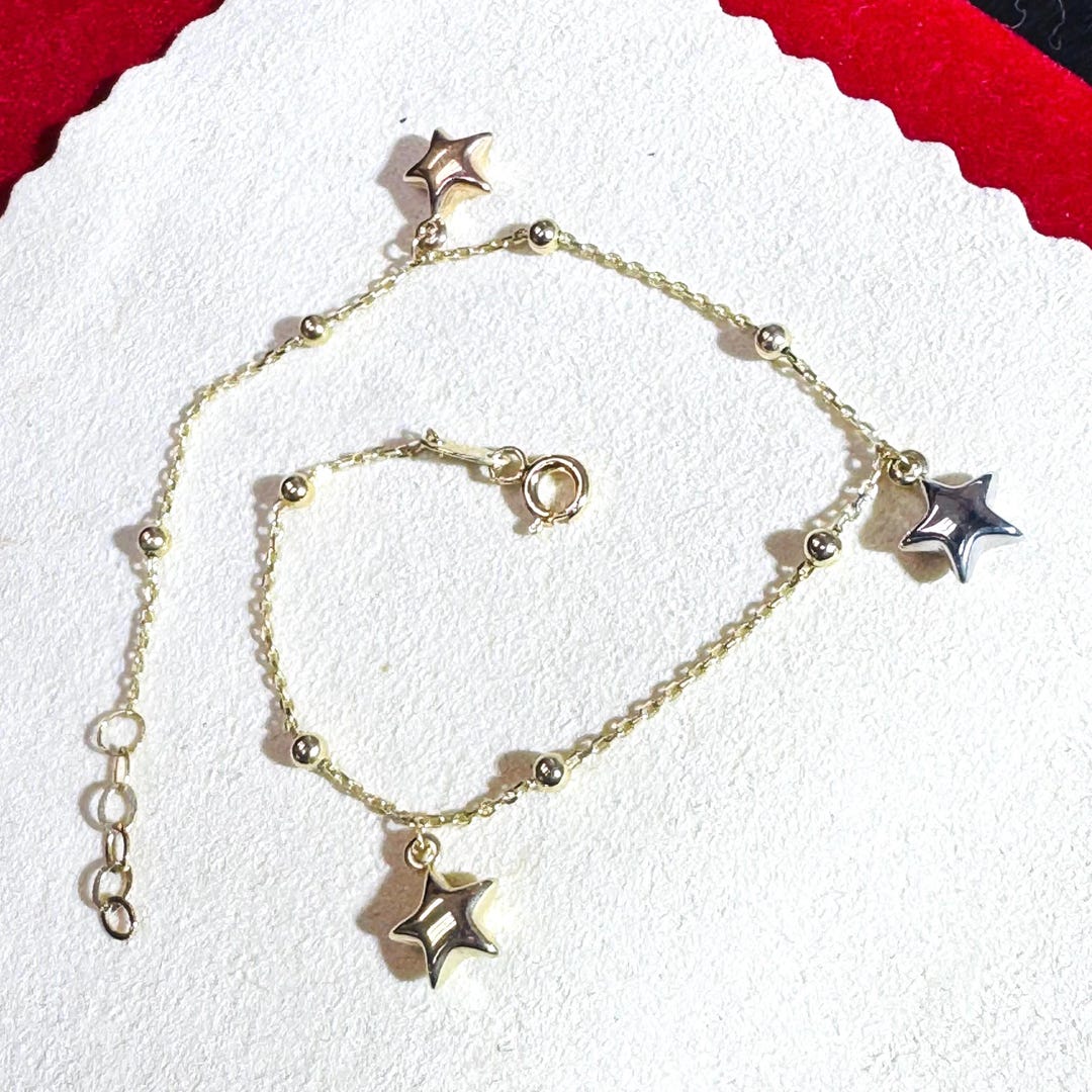 10K Yellow Rose and White Gold Dangling Puffy Star Charm Bracelet 7-7.5 ...