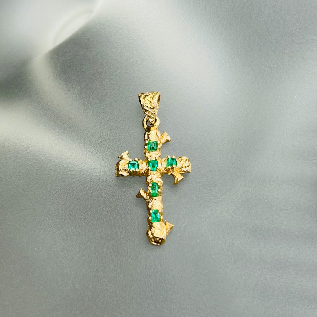 Natural Colombian Emerald 18K Yellow Gold Branch Cross Pendant - Etsy