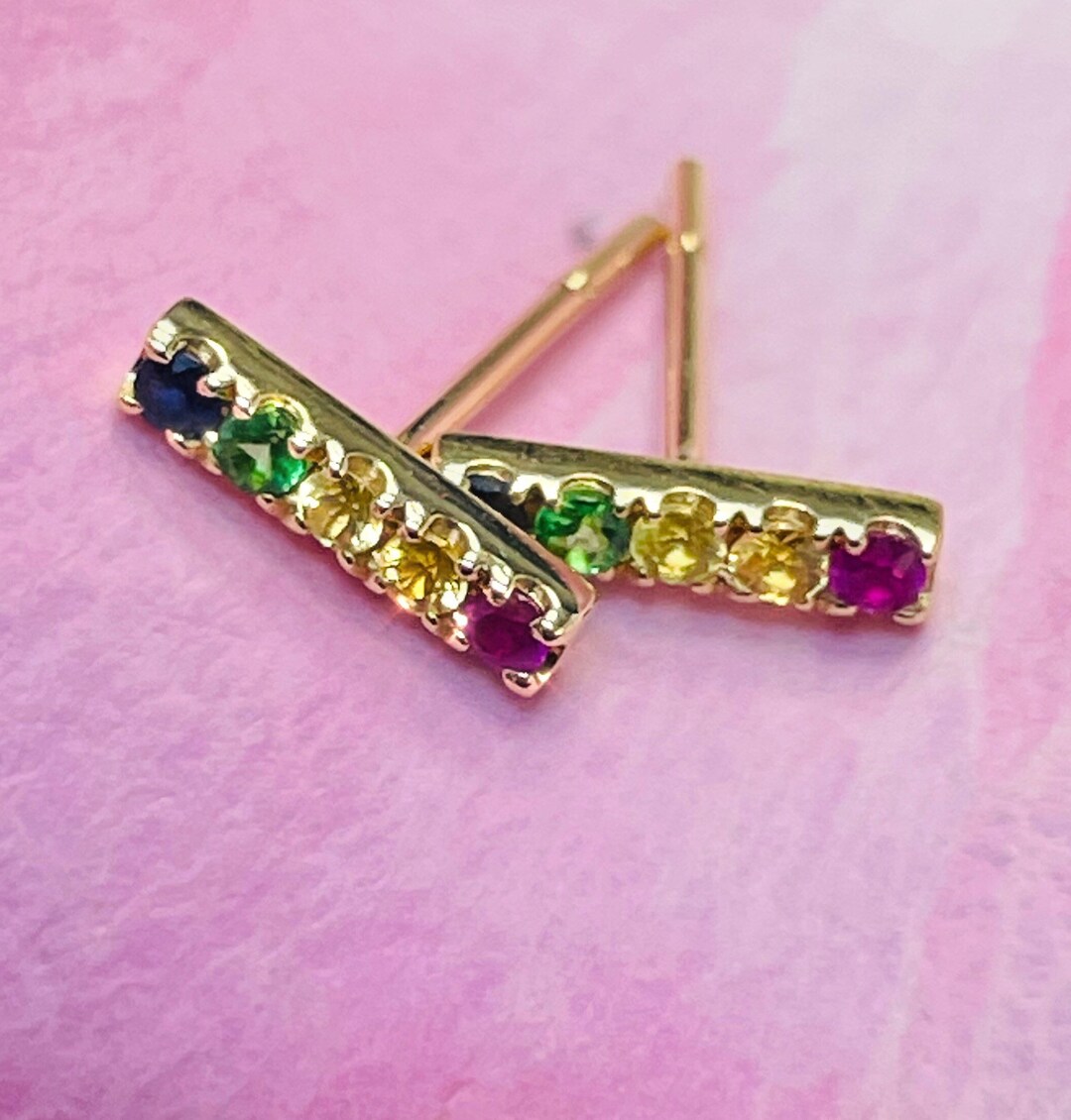 Natural Sapphire and Emerald Rainbow Bar Earrings in Solid 14K - Etsy