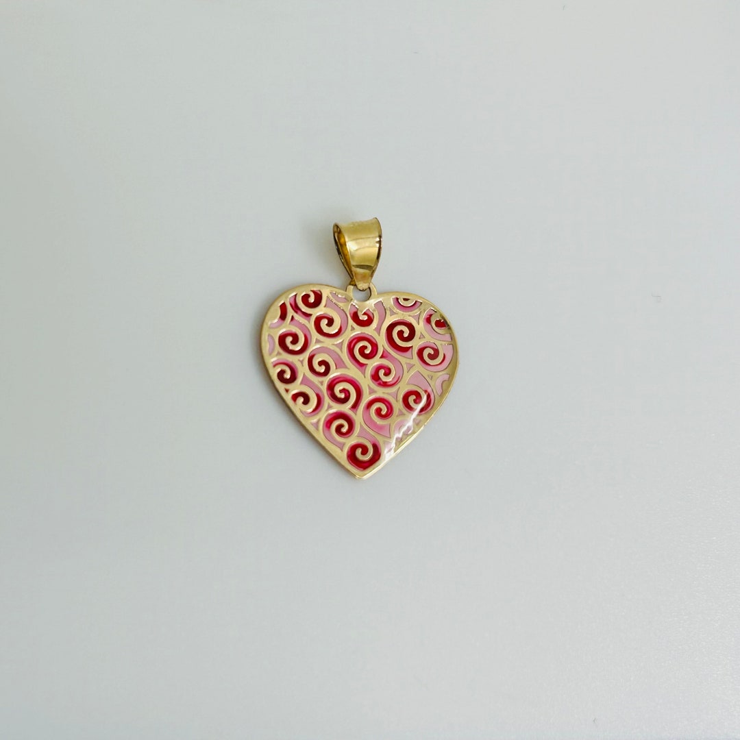 Solid 14K Yellow Gold Pink & Red Enamel Heart Charm Pendant - Etsy