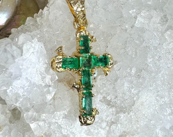 Natural Colombian Emerald 18K Yellow Gold Branch Cross Pendant - Etsy