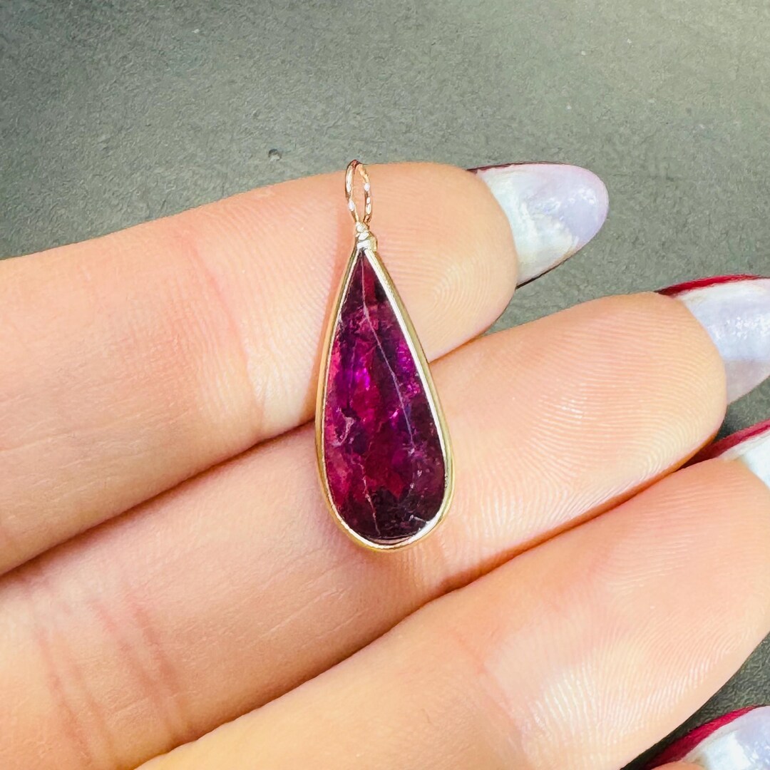4.3CT 14K Yellow Gold Raspberry Pink Tourmaline Pear Cut Charm or ...