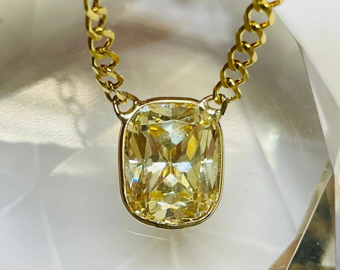 Large 9CT Canary Yellow Cushion Bezeled on a Solid 14K Yellow Gold 16 ...