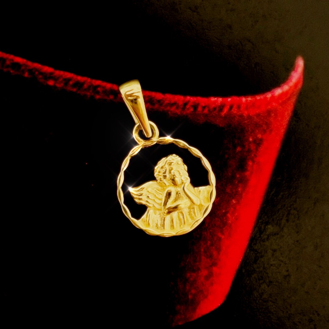 Cute Solid 14K Yellow Gold Cherub Thinking Angel Round Mini Charm ...