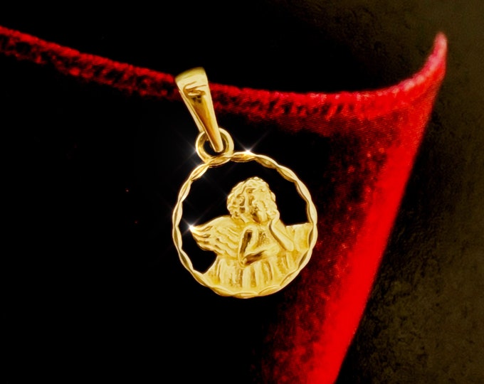 Cute Solid 14K Yellow Gold Cherub Thinking Angel Round Mini Charm ...