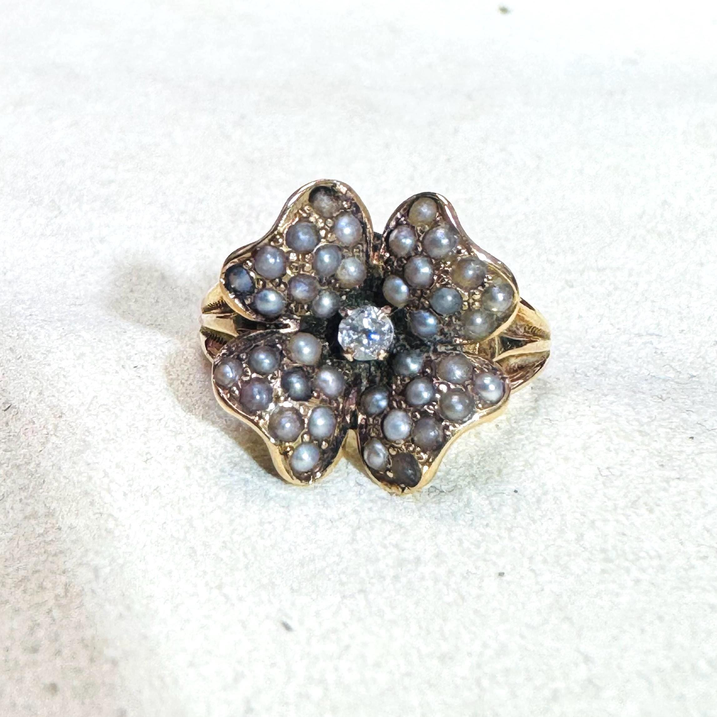 Antique Art Nouveau 14K Yellow Gold Seed Pearl and Diamond Flower Ring ...