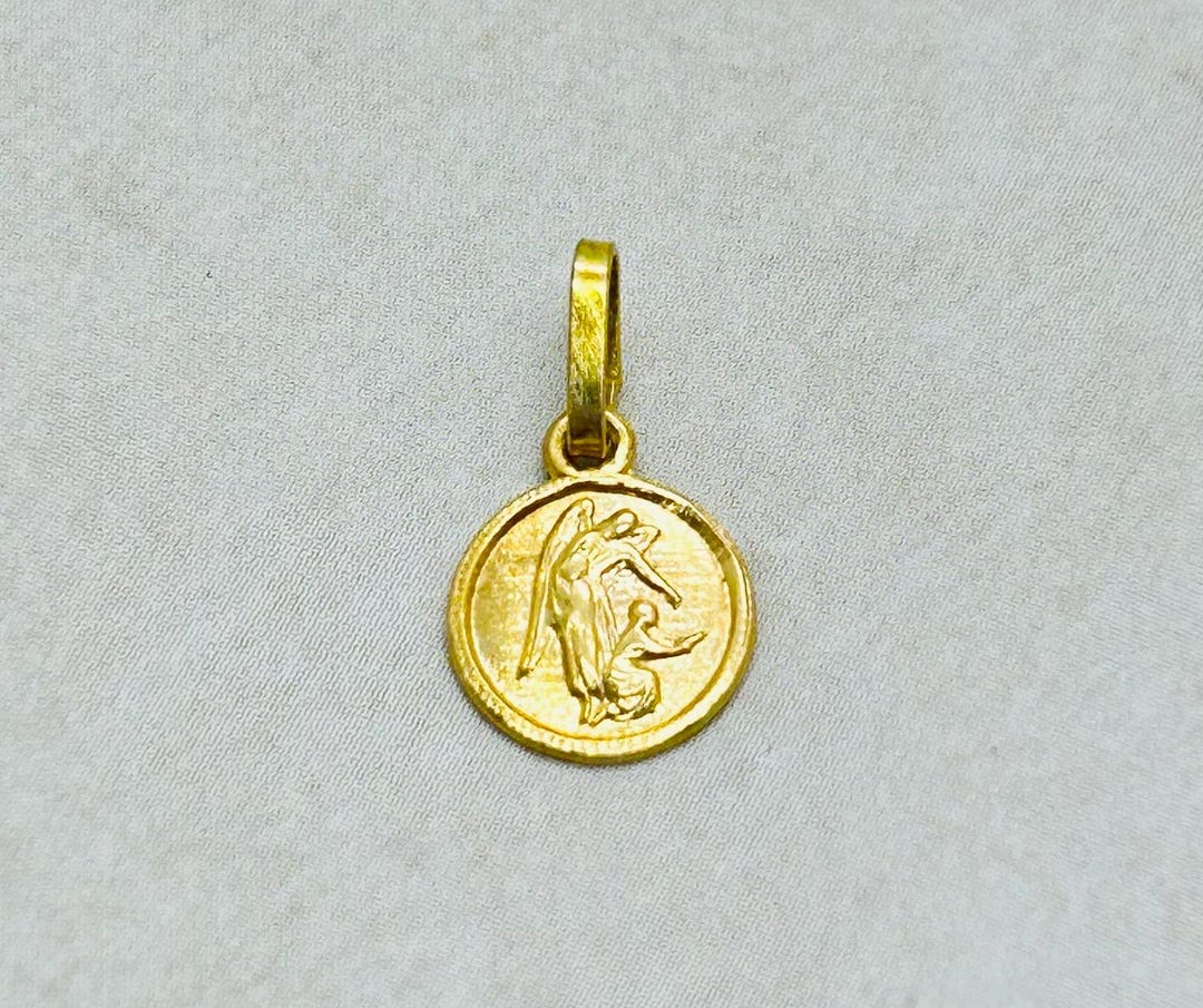 Vintage Religious 14K Yellow Gold Guardian Angel Medallion Mini Charm ...