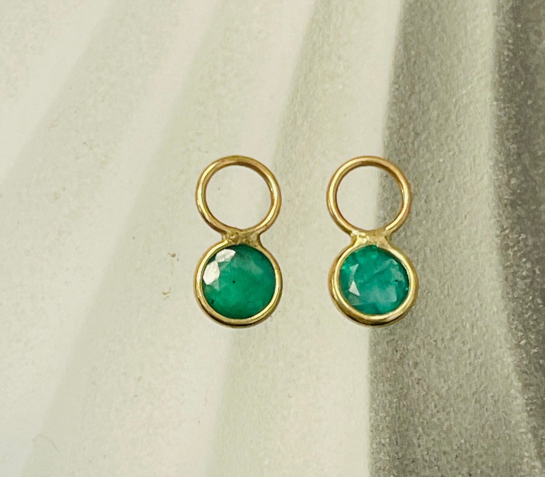 Solid 14K Yellow Gold .80CT Natural Round Emerald Hoop Earring Charm Pair - Etsy