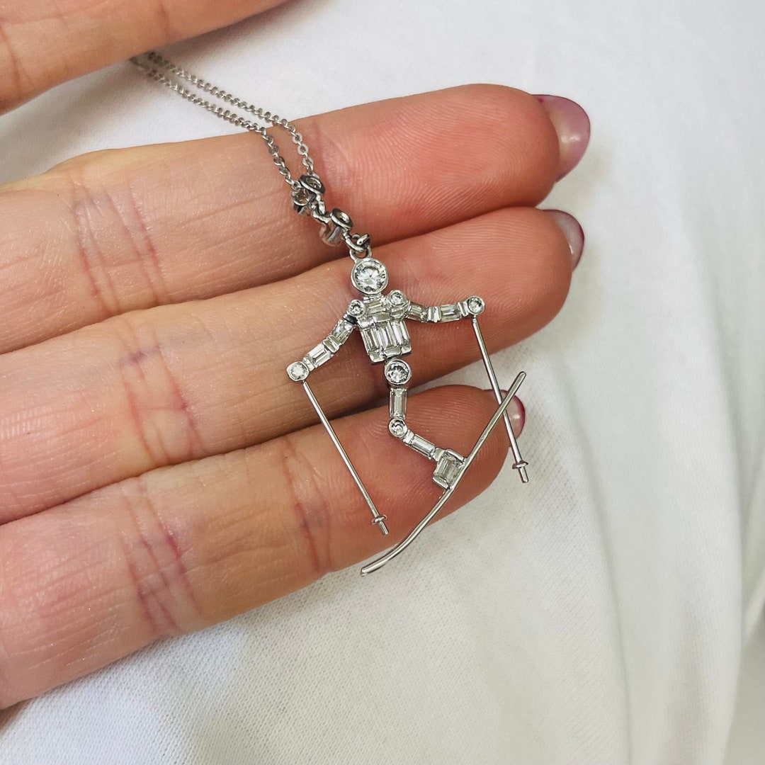 Natural Diamond Solid 18K White Gold Skier Charm Pendant Necklace - Etsy