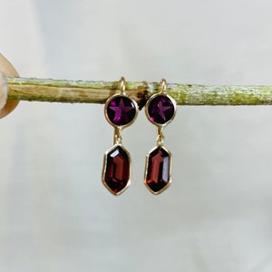 Vivid Rhodolite Purple Star and Red Hexagon Garnet Drop Earrings in ...