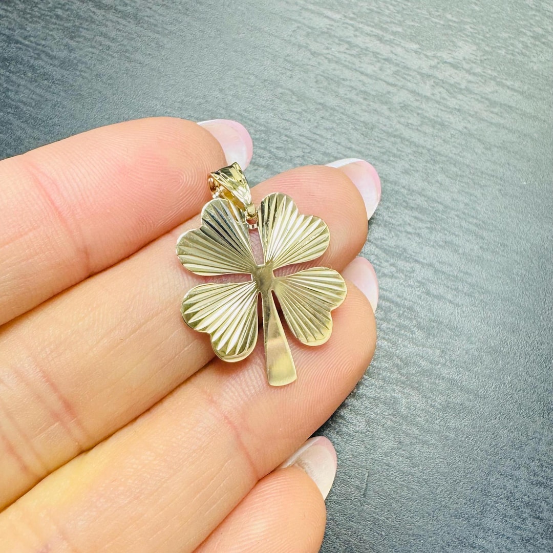 14K Solid Yellow Gold Engine Turned Diamond Cut Four Leaf Clover ...