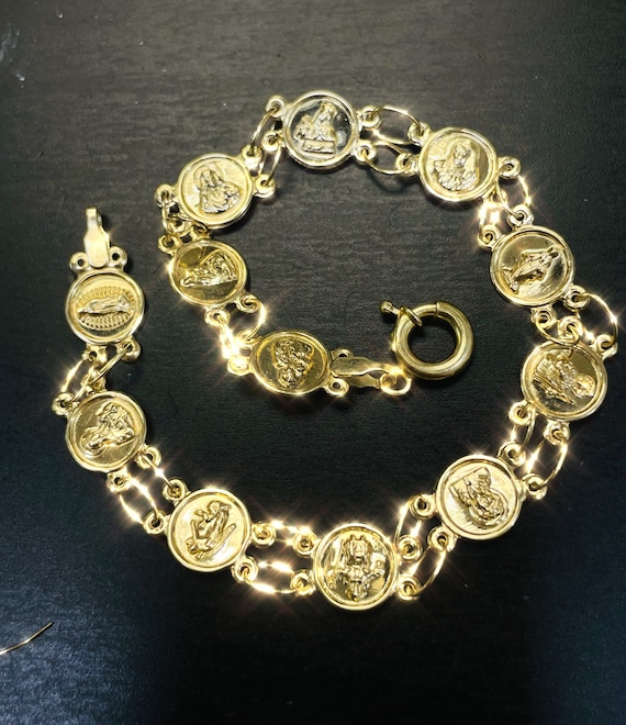 Solid 14K Yellow Gold Round Religious Christian All Saints Medallion Charm Bracelet Etsy